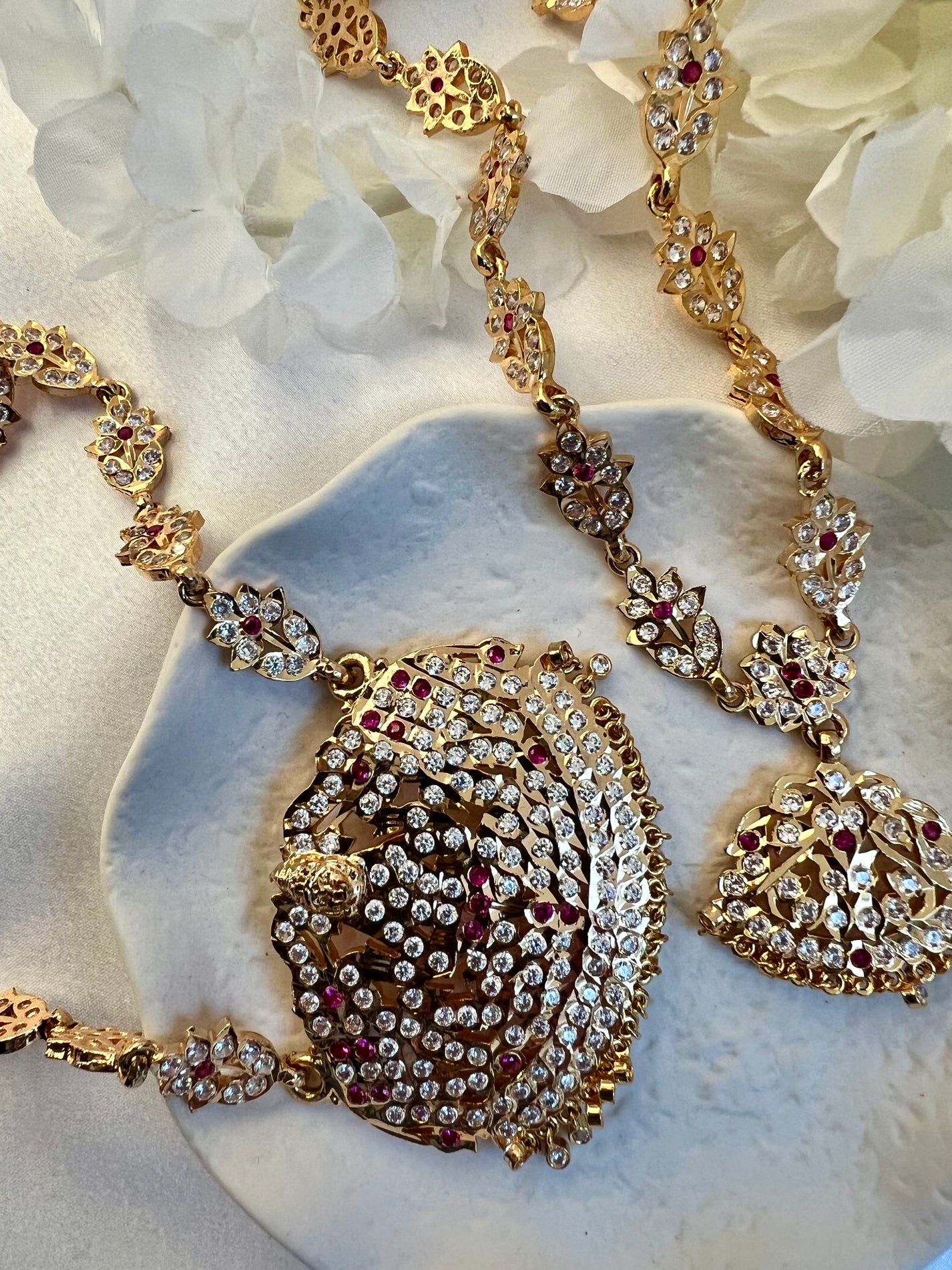 NAYANTHI - Impon south Indian ruby attigai with a matching long neckla ...